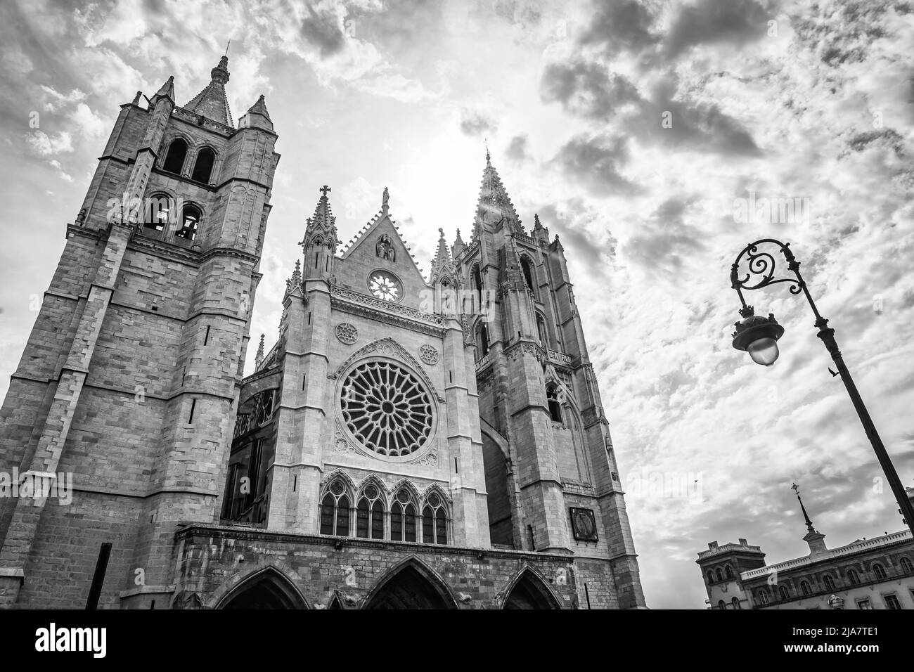 Gothic Cathedral of the city of Leon in Spain, in black and white and ...