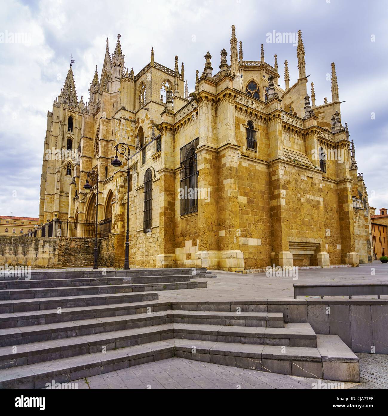Impressive Gothic cathedral of the city of Leon with staircase at the ...