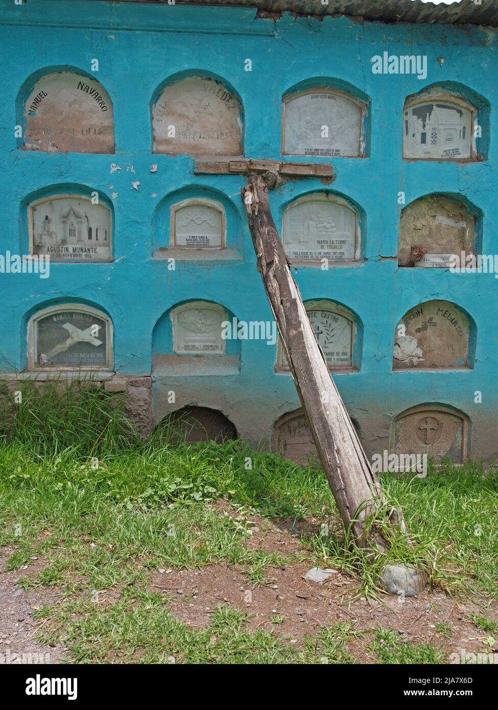 Street and light blue niches pavilion in the Matucana cemetery, a small ...