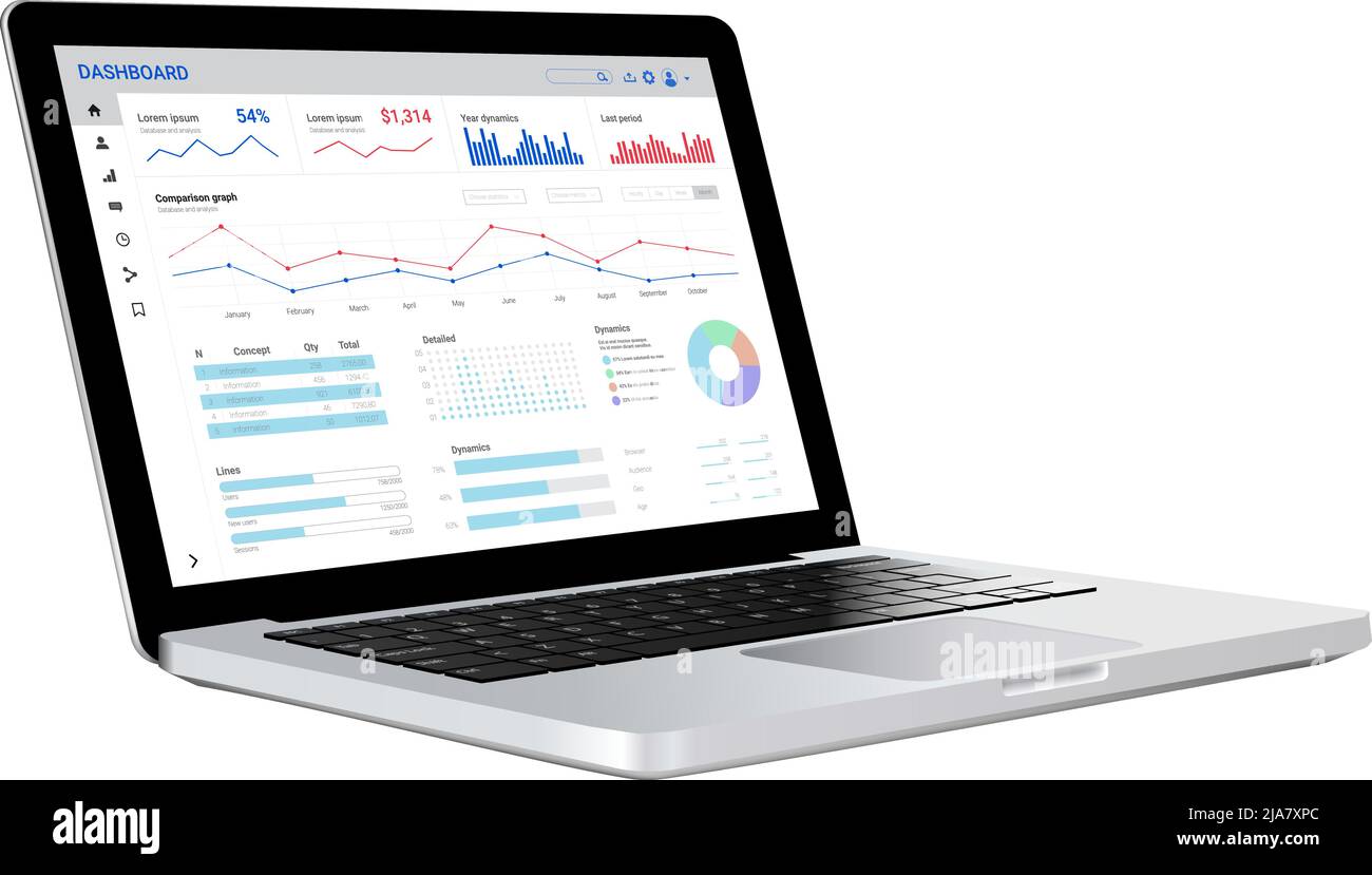 Realistic laptop with dashboard for sales or marketing vector mockup ...