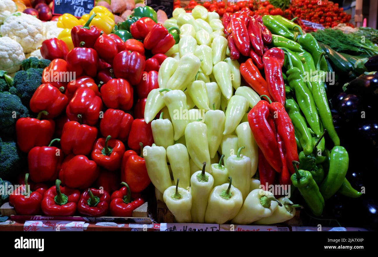 colorful vegetables manly paprika in a large food market in Budapest ...