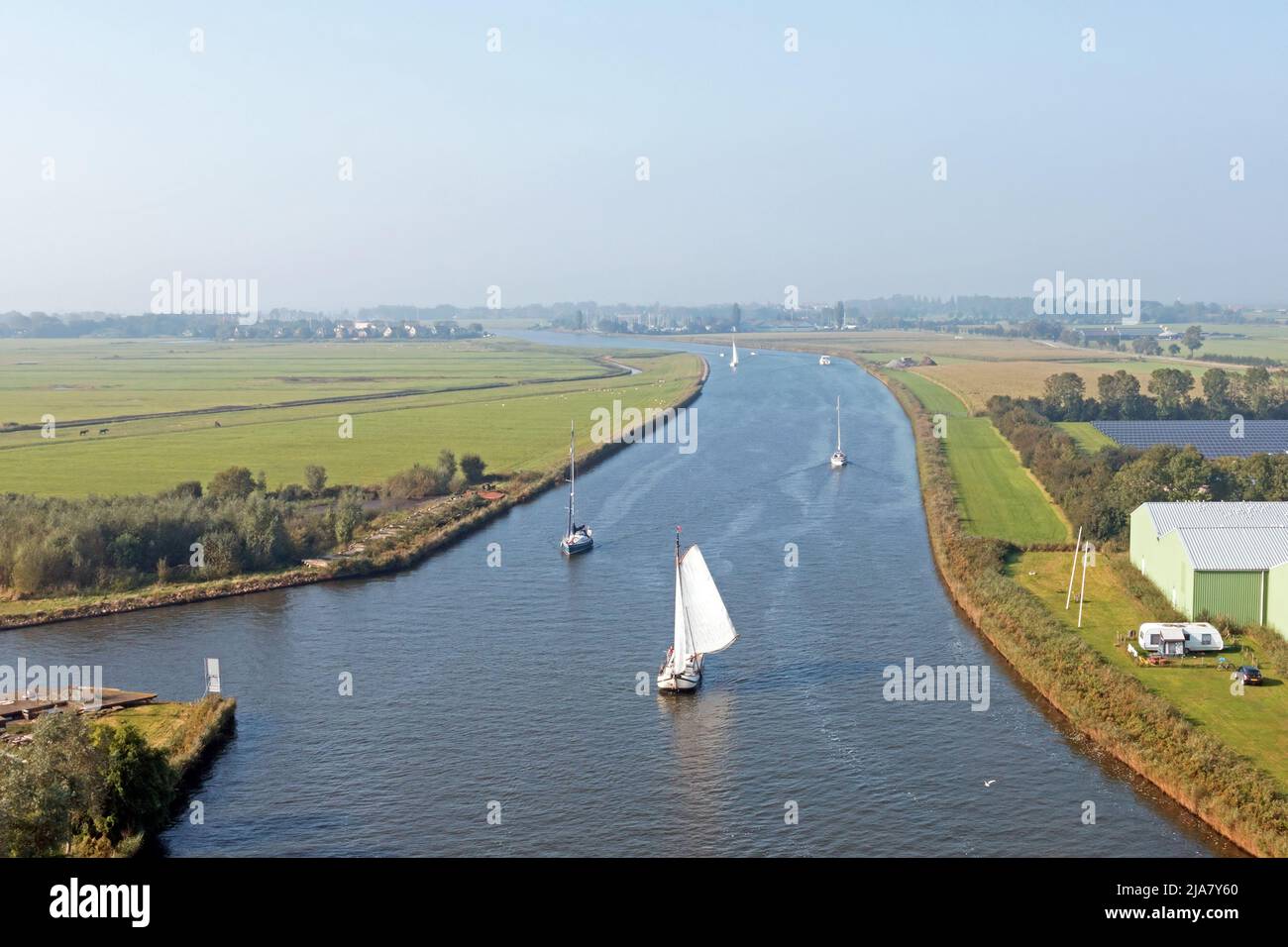 Aerial from sailing in the countryside from Friesland in the ...