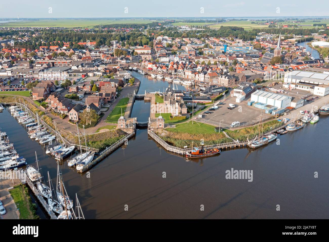 Aerial from the historical city Lemmer in Friesland the Netherlands ...