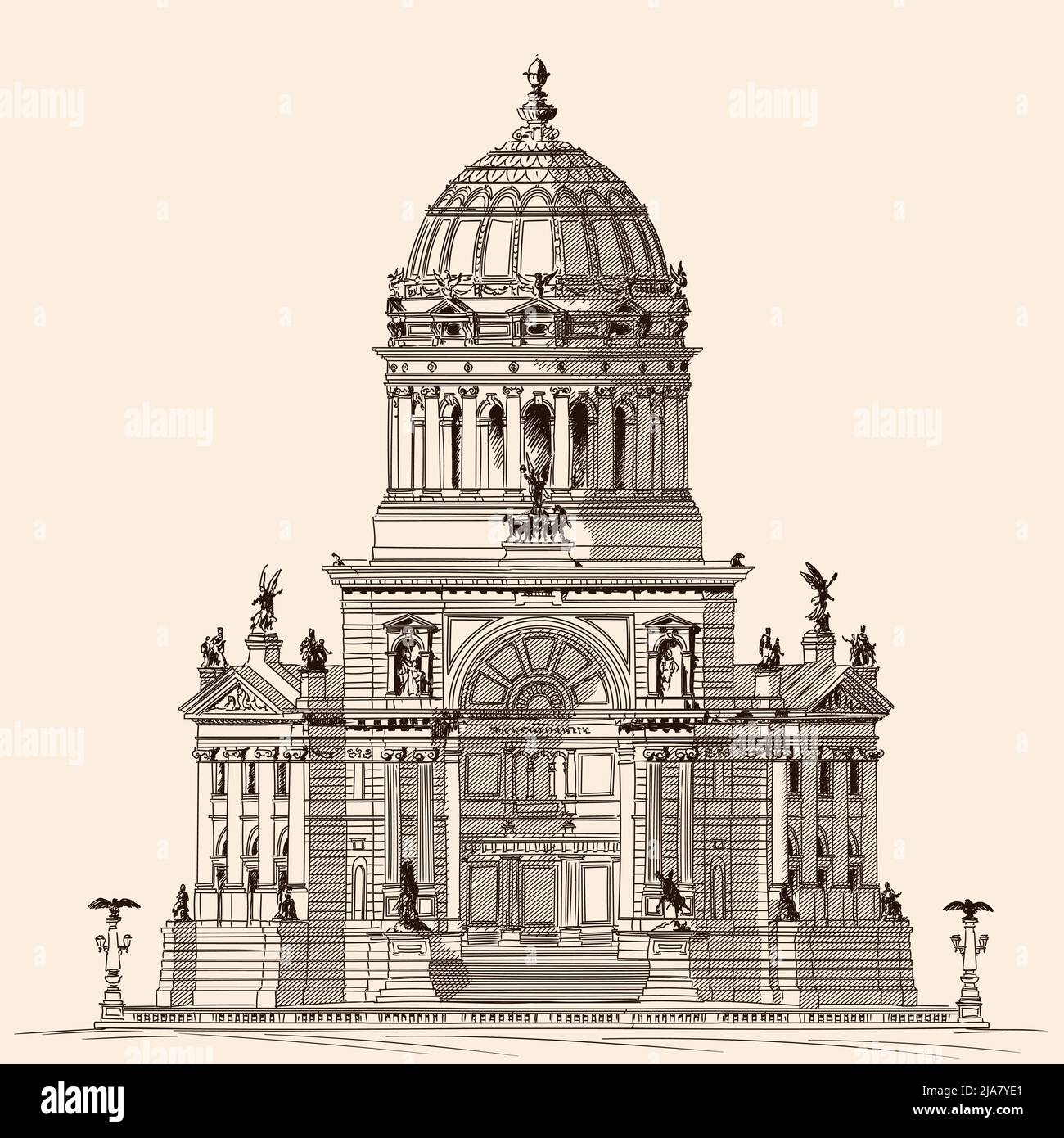 Cathedral building in the classical style with arches, statues and dome ...