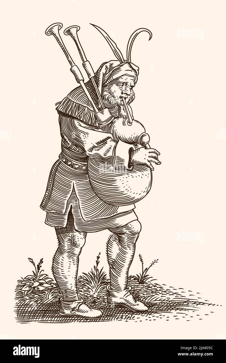 An ancient musician with a brass musical instrument plays music with a ...