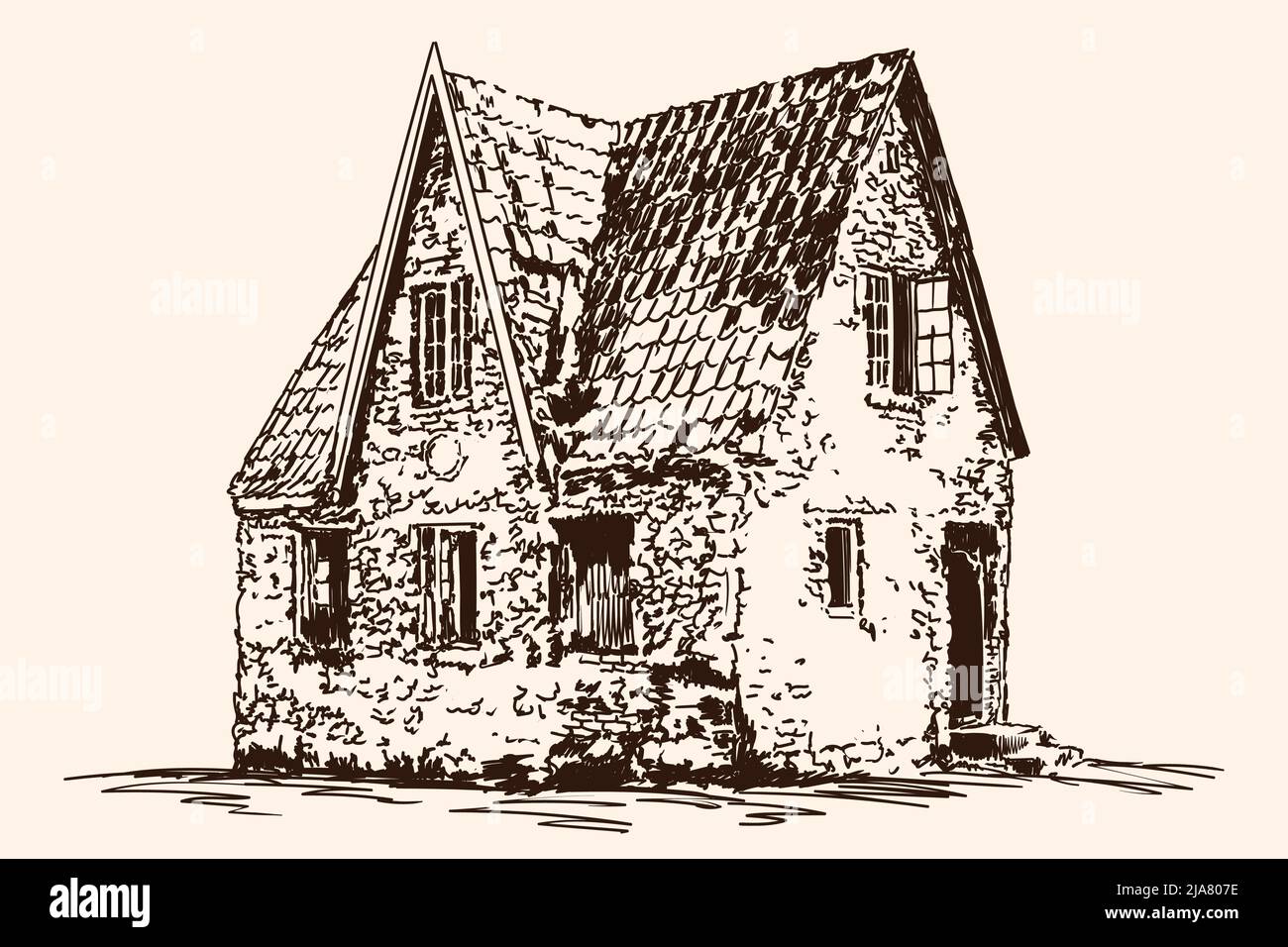Hand sketch on a beige background. Old brick house with a tiled roof in ...