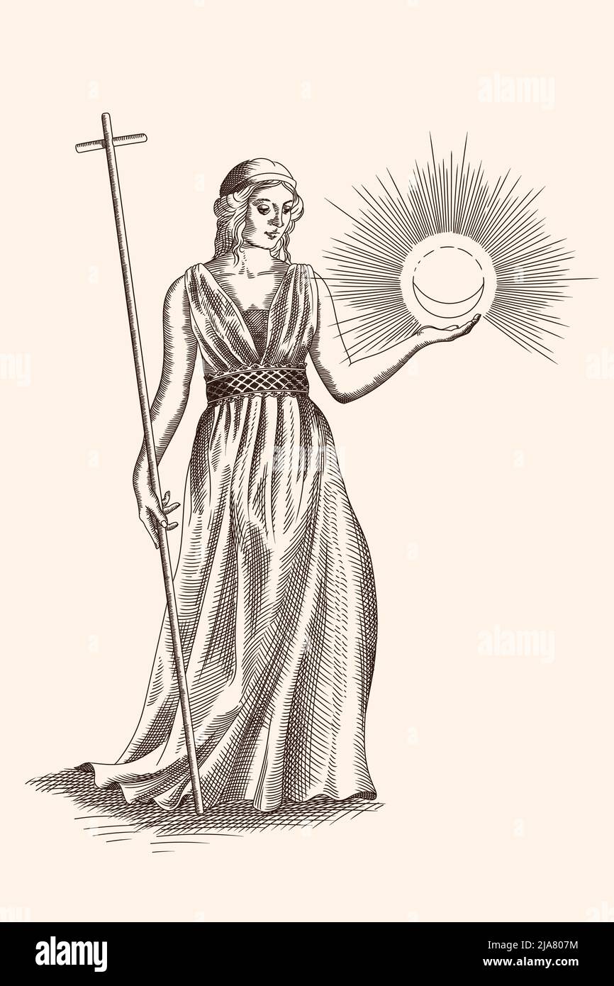 A young slender woman with a cross and a moon in her hands. Medieval ...