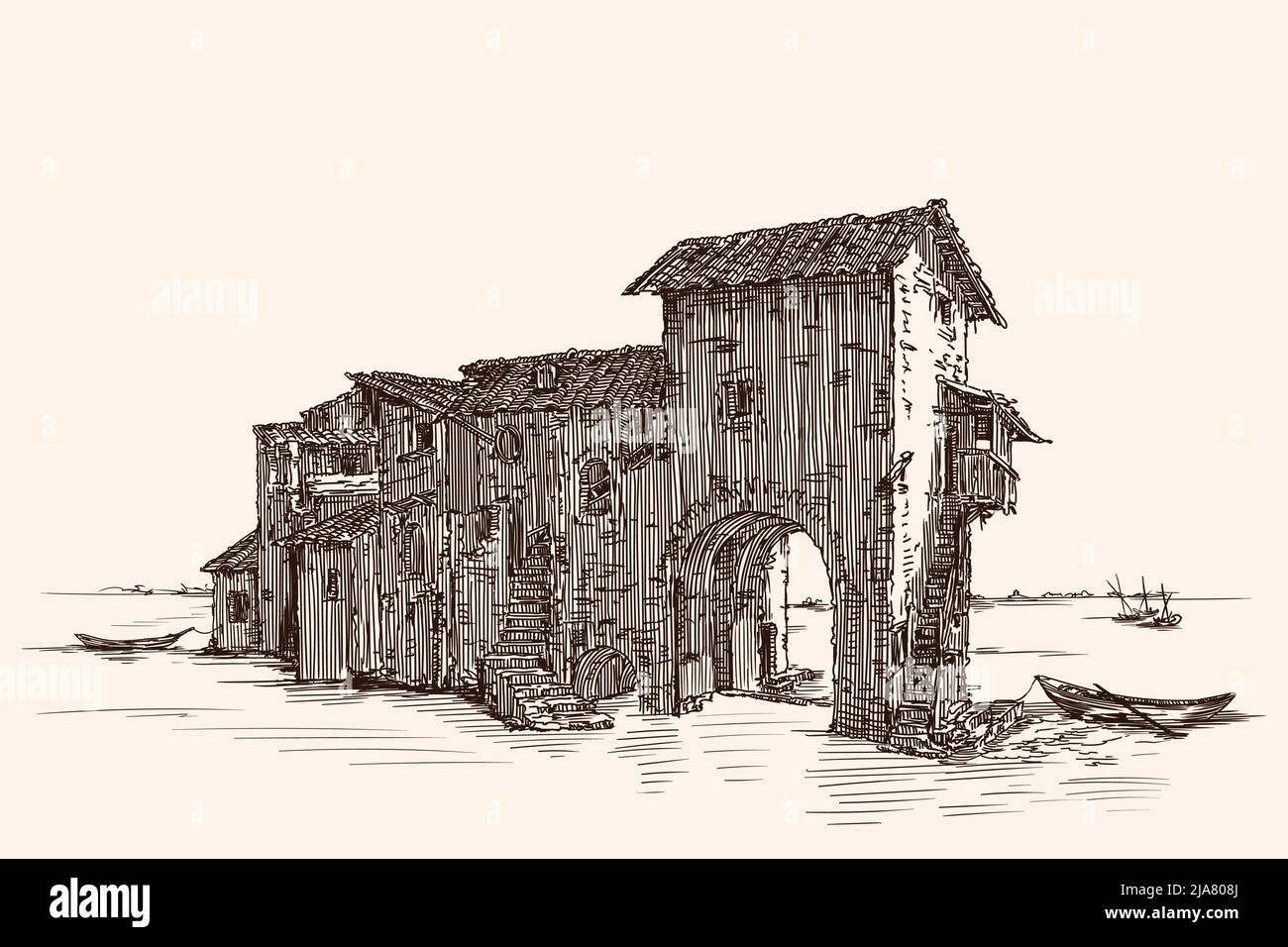 Medieval stone castle with tiled roof in the middle of the sea with ...