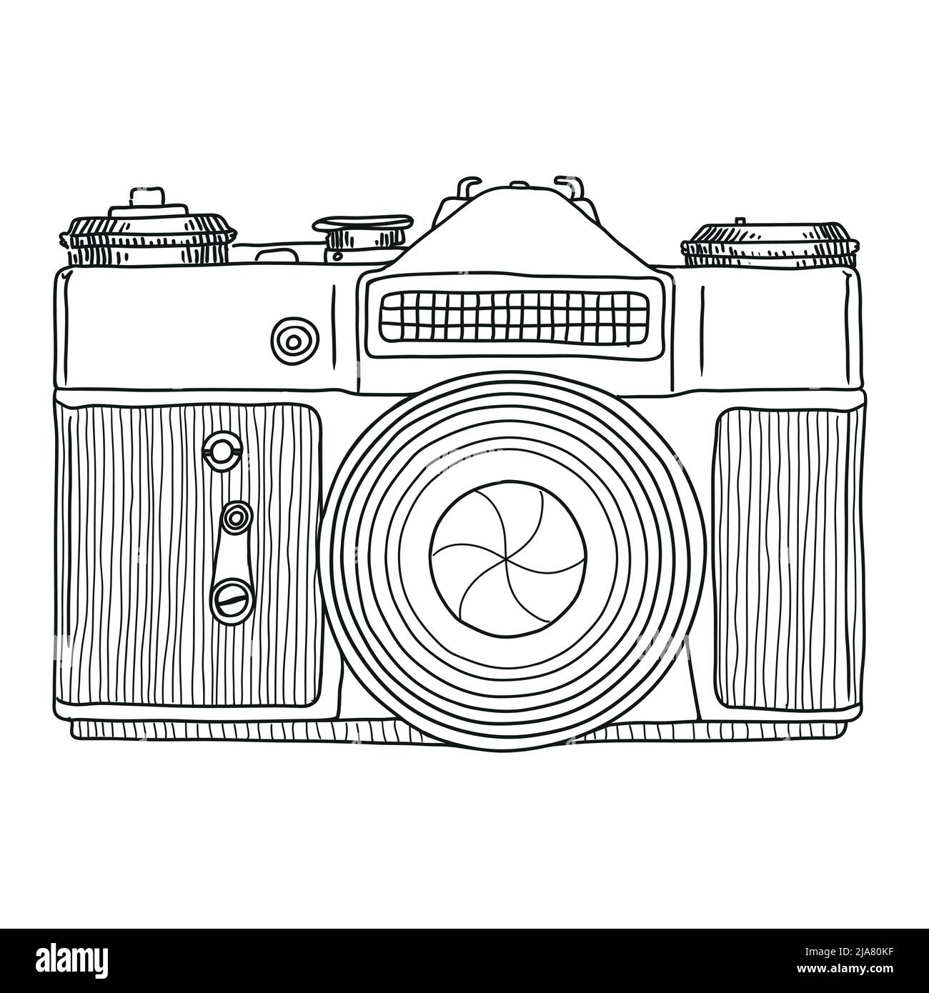 Vector sketch of a reflex film retro camera with a lens isolated on a ...