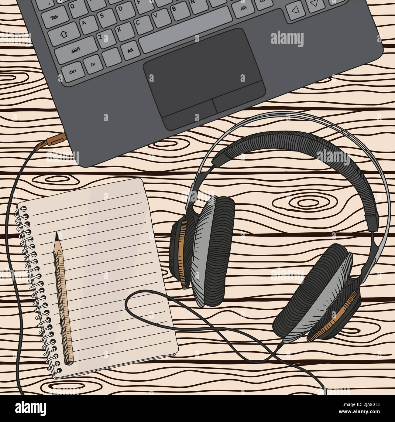 Vector sketch of a studio headphones connected with a cable to the ...