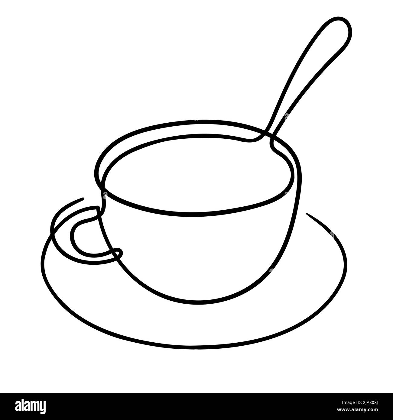 One line drawing. A cup of coffee with a saucer and spoon Stock Vector ...