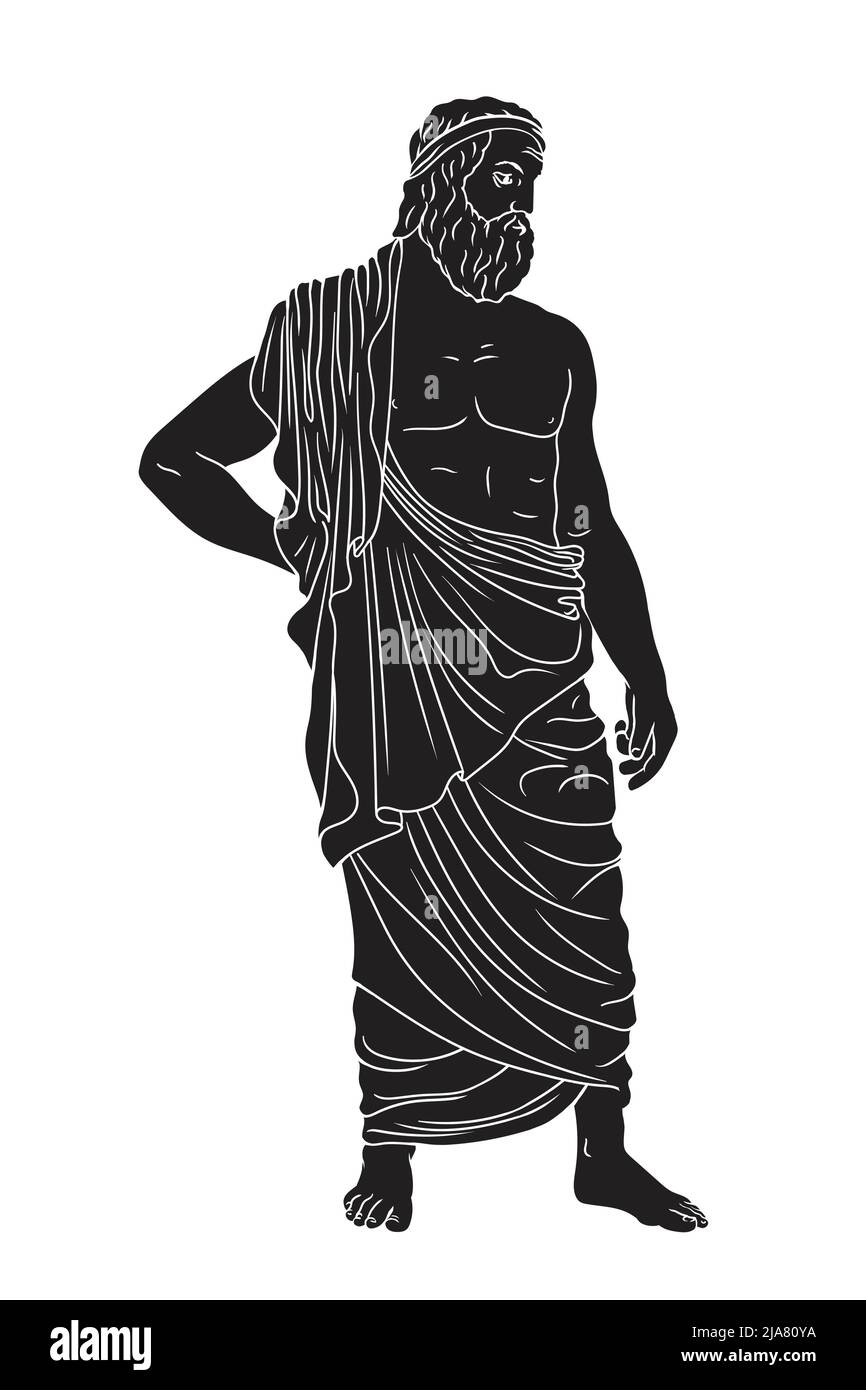 The ancient Greek god Zeus with a beard in a cape stands barefoot Stock ...
