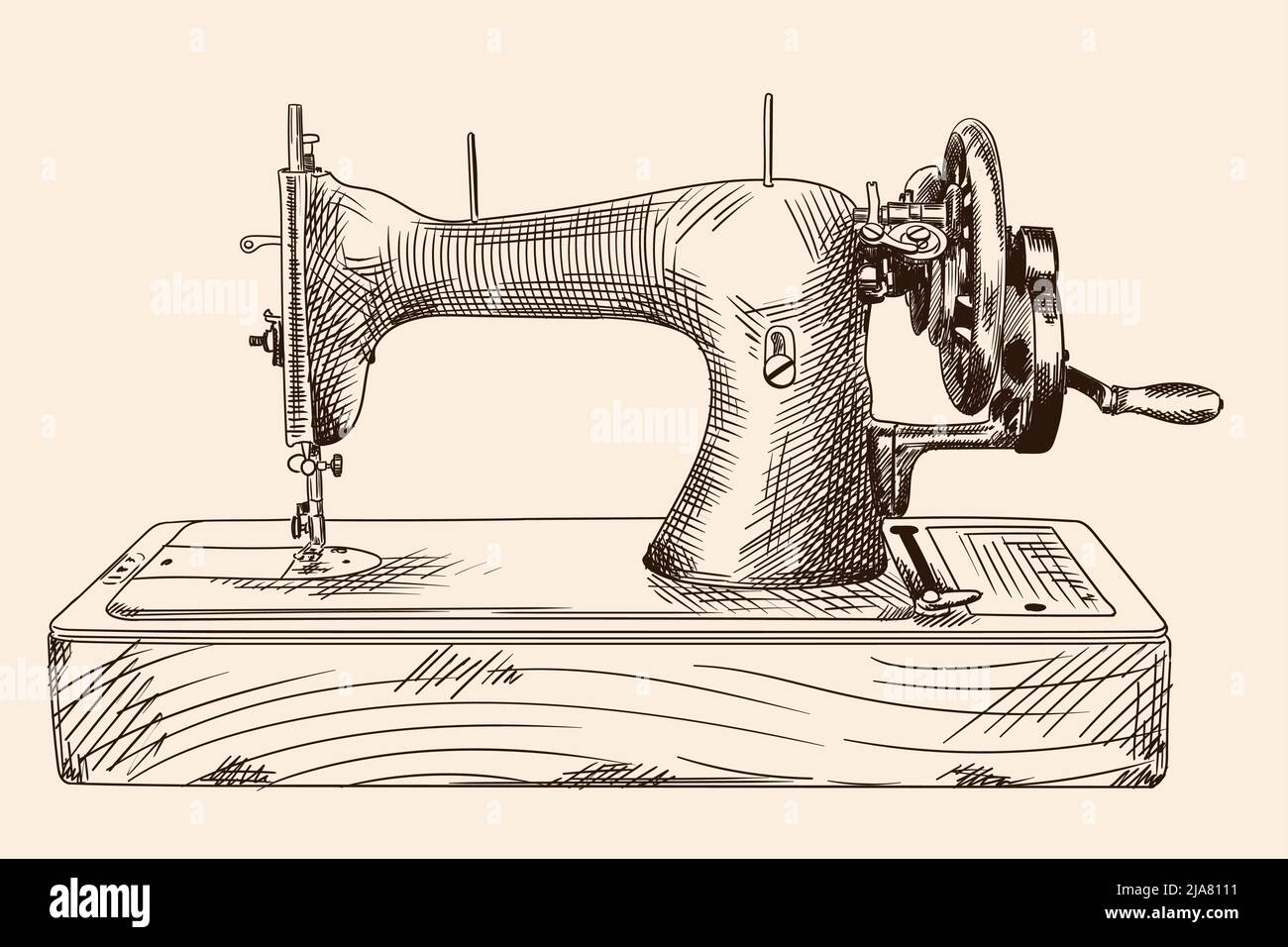 Antique hand sewing machine on a wooden base. A quick simple pencil ...