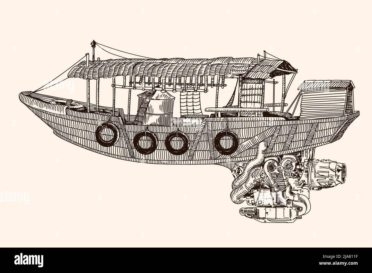 Fantastic Chinese style flying wooden boat with jet engine. Linear ...