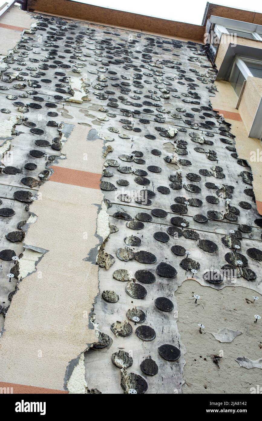 Fire damaged apartment building, damaged polyurethane insulation Stock ...