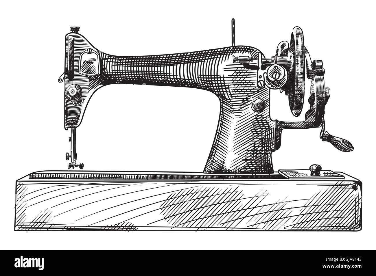 Antique hand sewing machine on a wooden base. A quick simple pencil ...