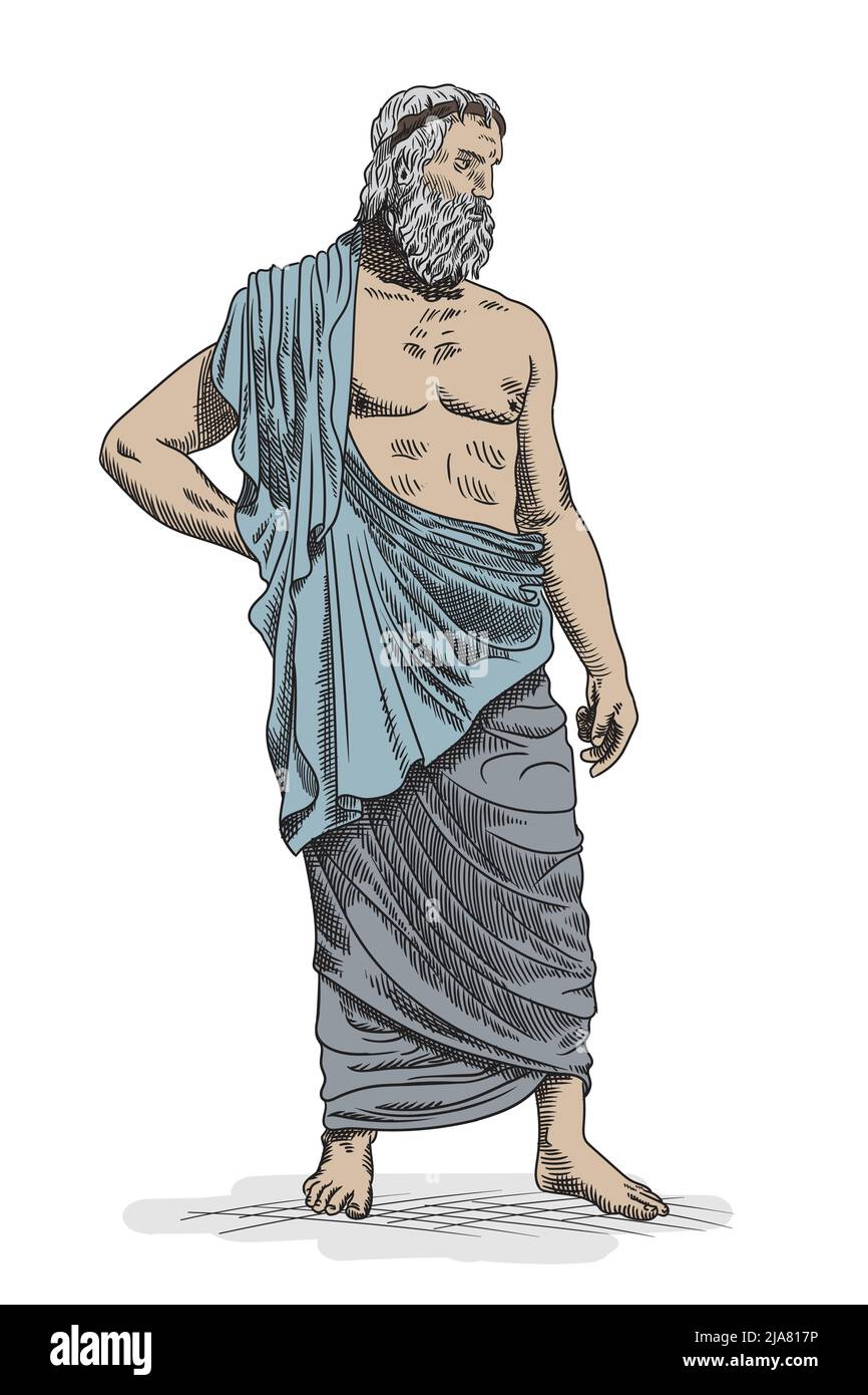 The ancient Greek god Zeus with a beard in a cape stands barefoot Stock ...