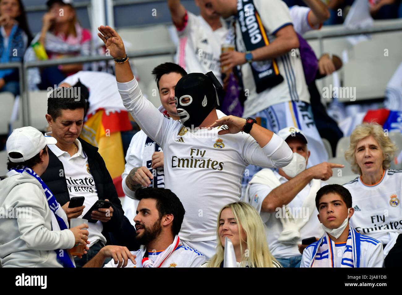 Paris, France. 28th May, 2022. Football fans of Real Madrid warm up on ...