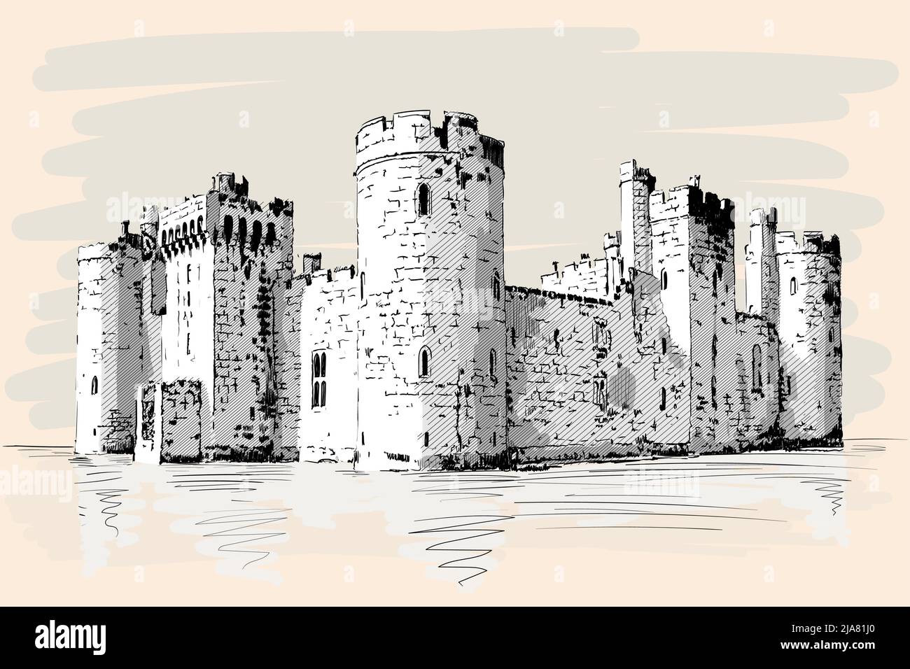 Medieval stone castle with towers and arches on the sea shore Stock ...