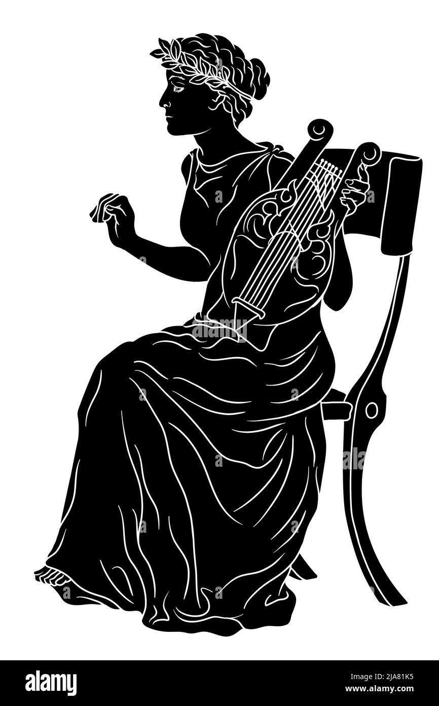 Ancient Greek woman goddess of art with a harp in her hand and a laurel ...