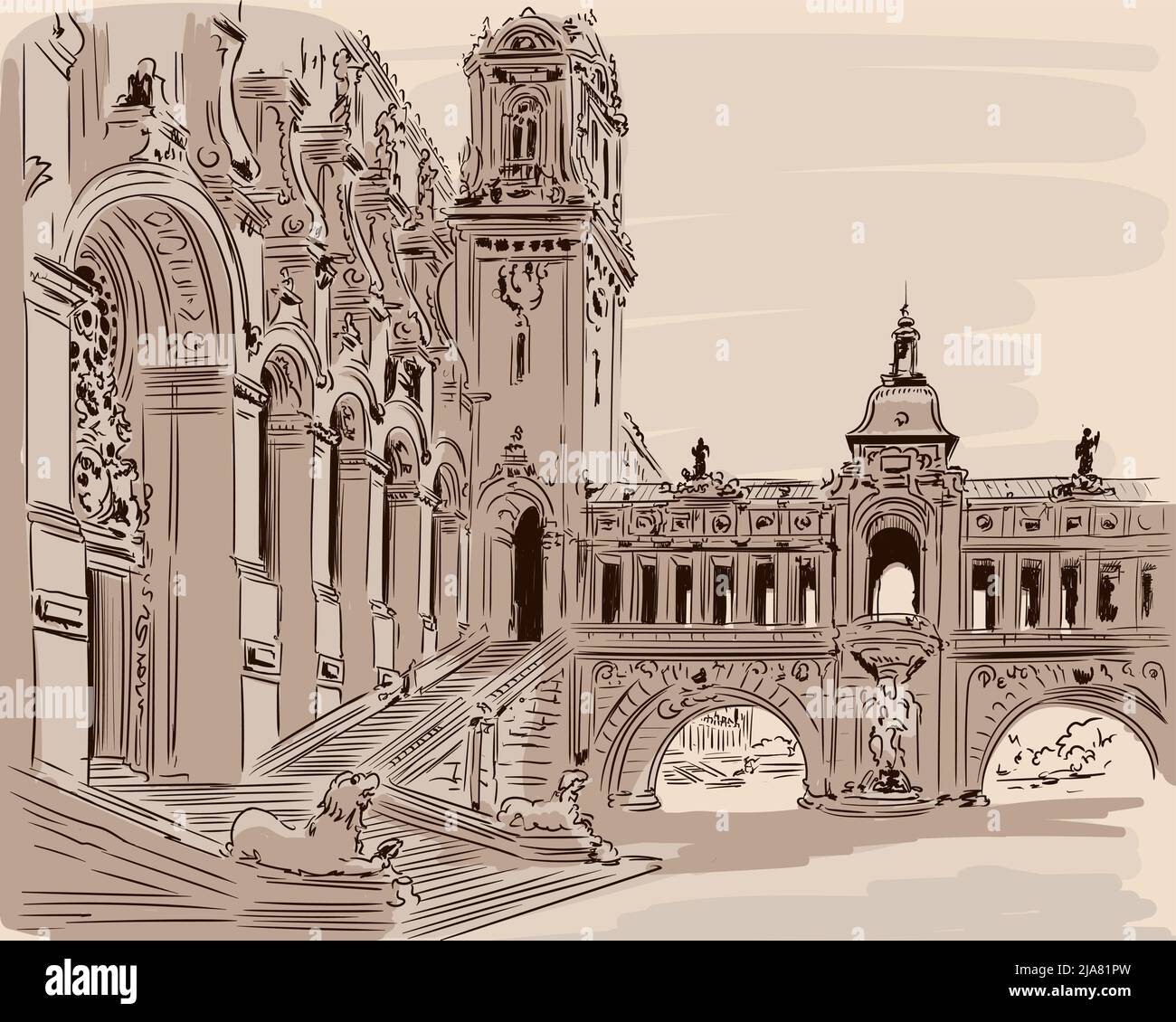 Hand sketch of a building facade in the classic Rococo style. Palace ...