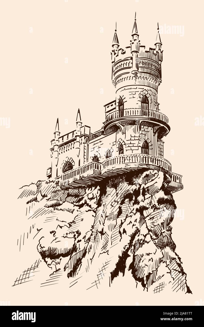 Medieval stone castle with towers and arches on a rocky cliff Stock ...