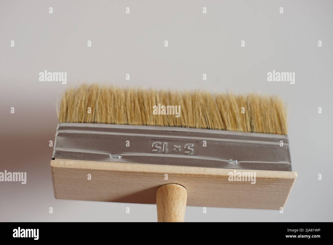 New wide paint brush on white wall background Stock Photo - Alamy