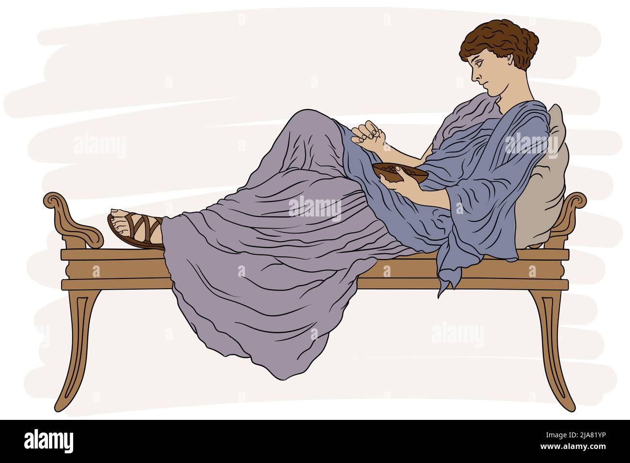 A young ancient Greek woman lies on the bed with pillow and eat fruit ...