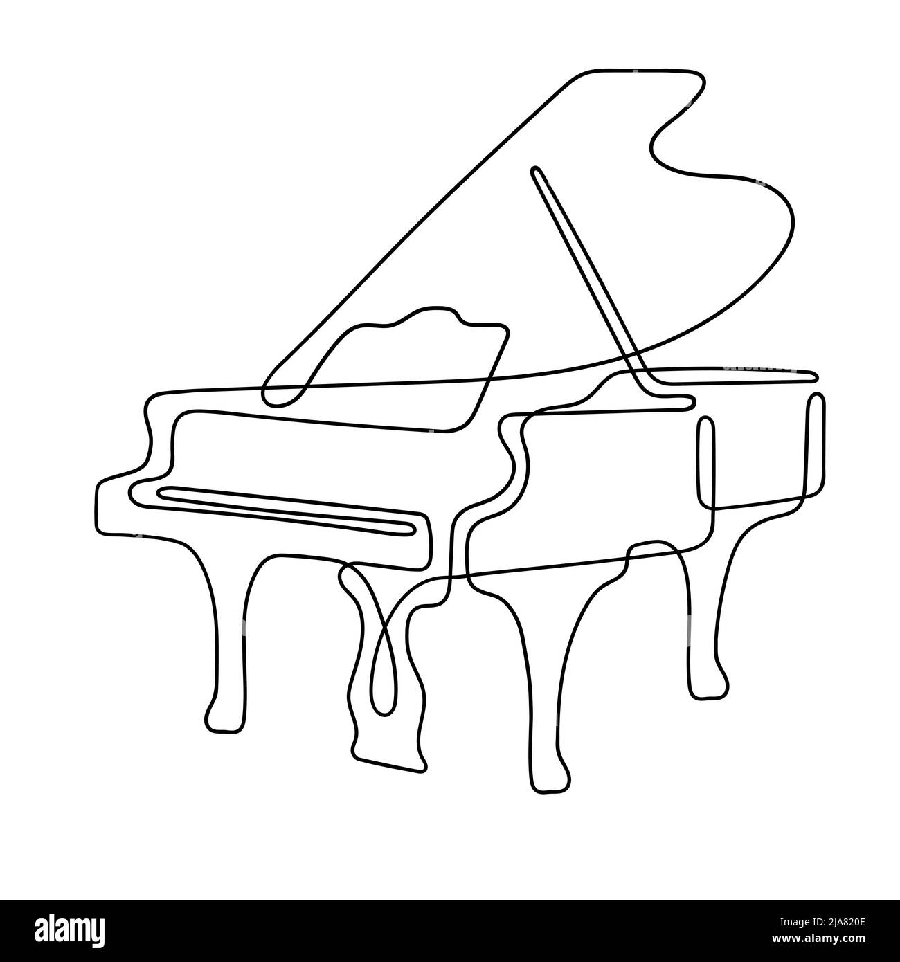 One line drawing. Musical acoustic instrument grand piano with an open ...