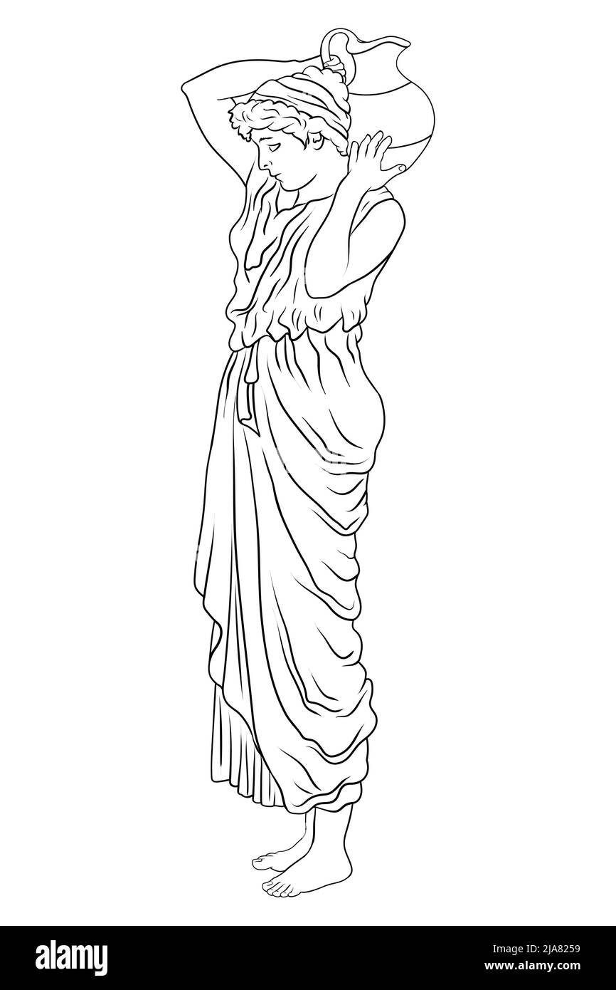 A young slender ancient Greek woman stands and holds a clay jug on her ...