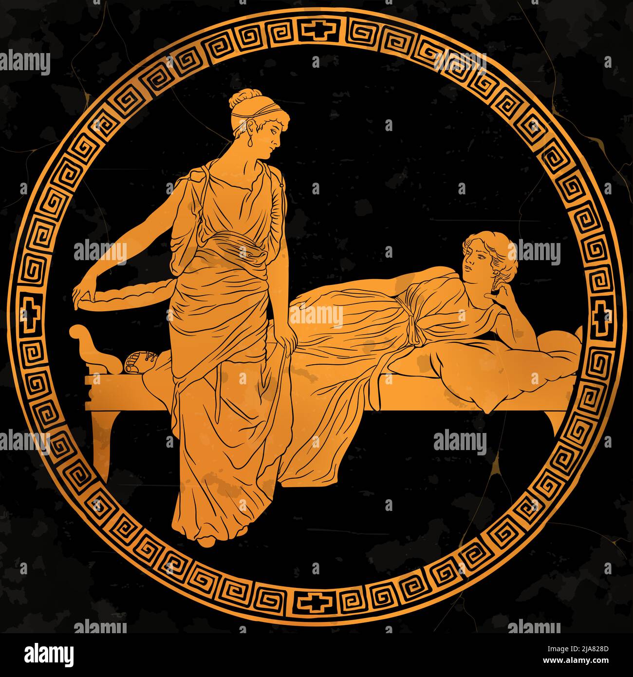 Two ancient Greek women in tunics chat in the bedroom. Figures isolated ...