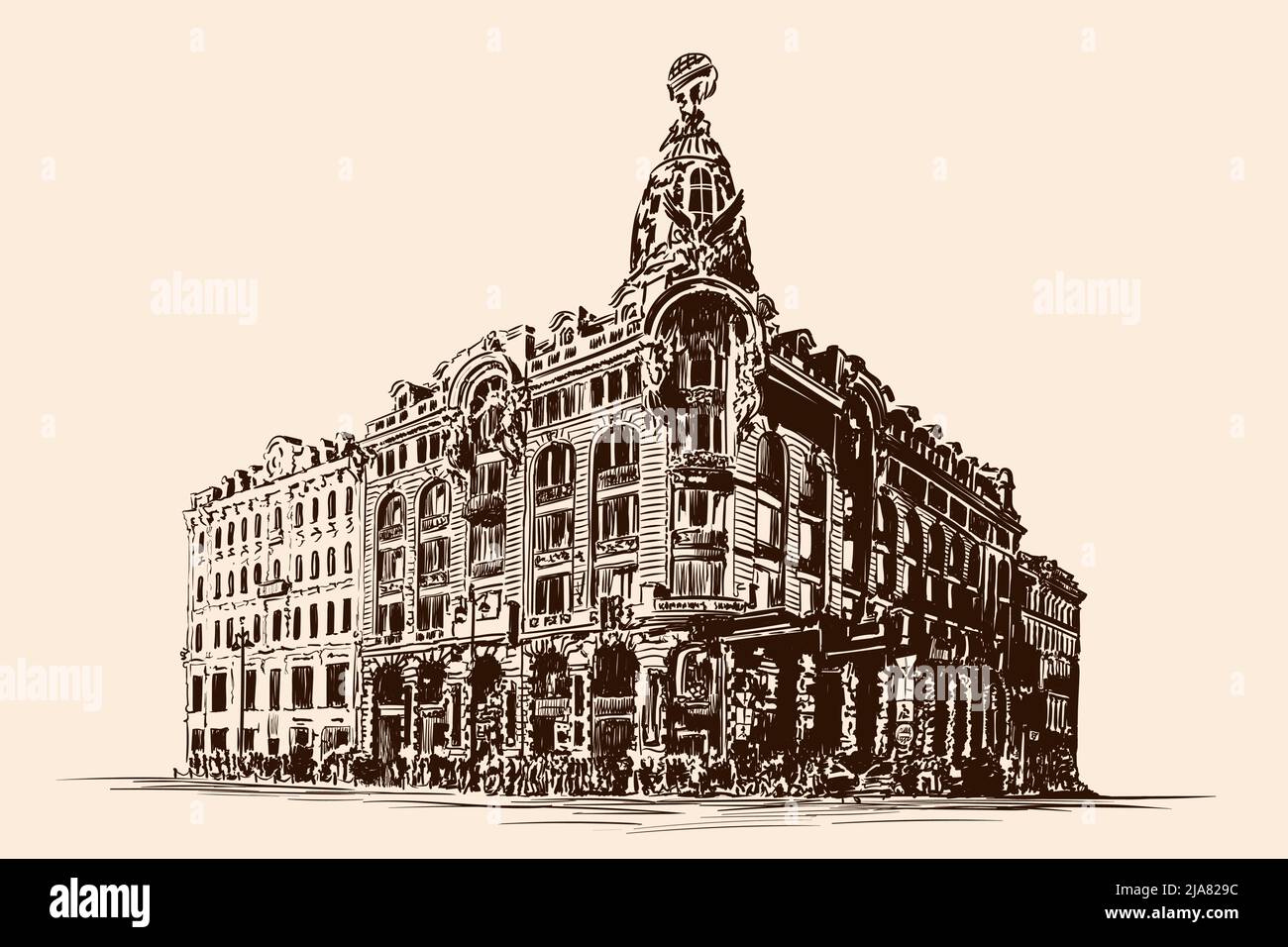 Hand sketch of a building facade of a big old city in the classic style ...