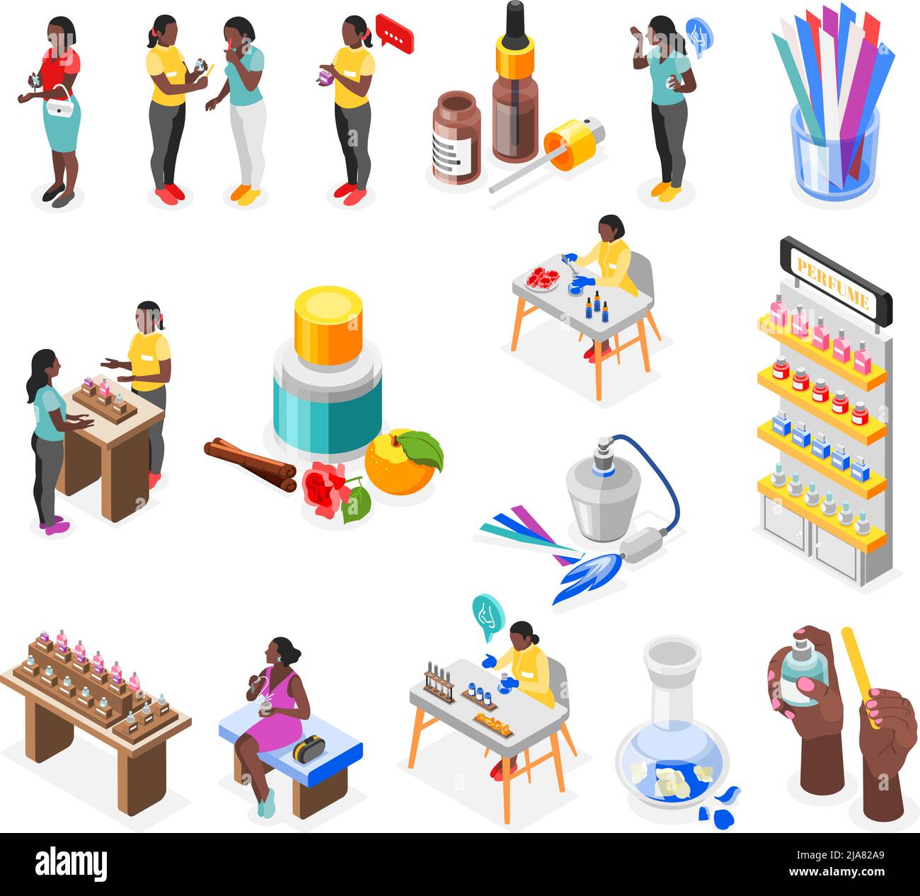 Perfume shop recolor icons set with scent and aroma symbols isometric ...