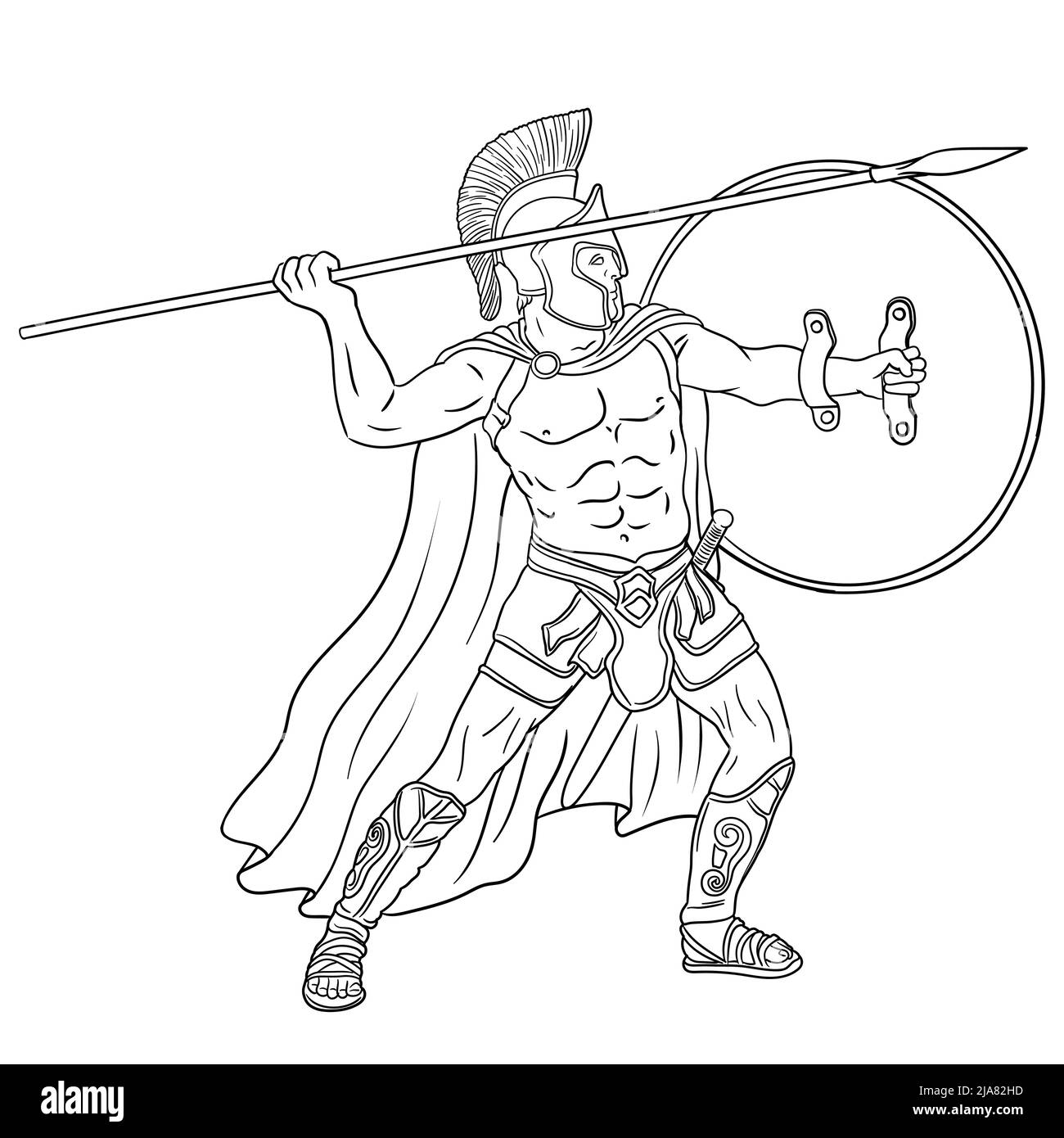 Ancient Greek warrior with a spear and shield in his hands is standing ...
