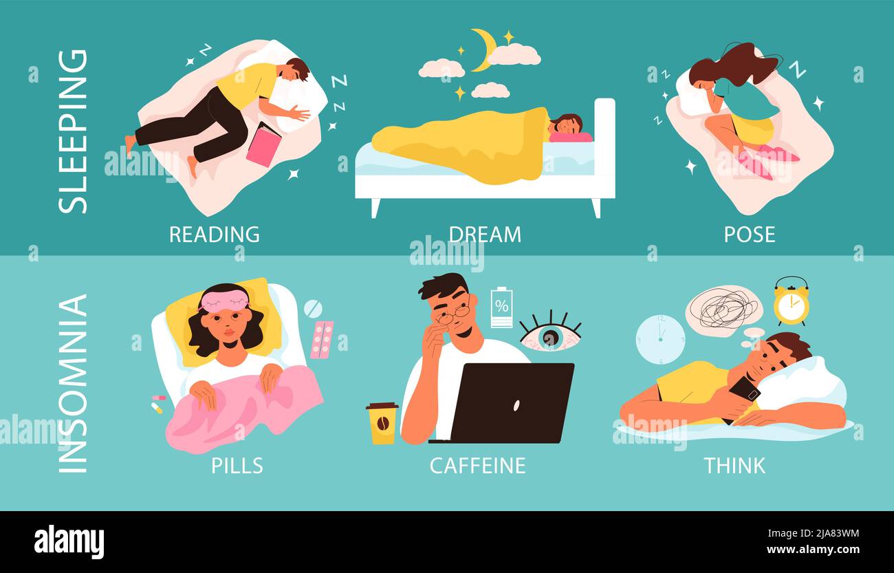 Insomnia and sleeping design concept with reading symbols flat vector ...