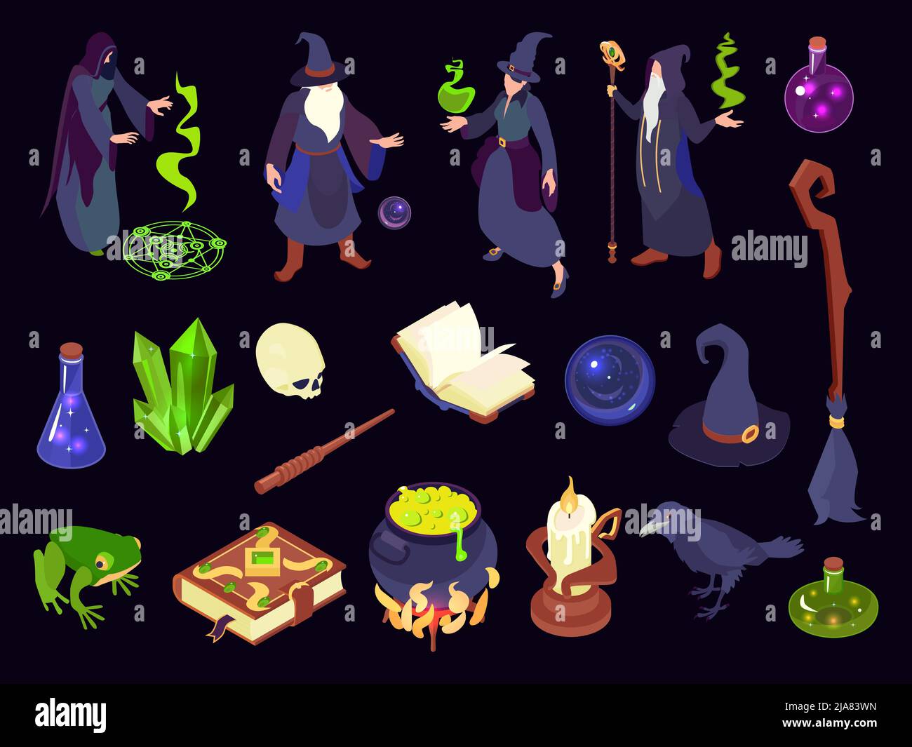 Isometric magic color set with witch wizard spell book potion toad ...