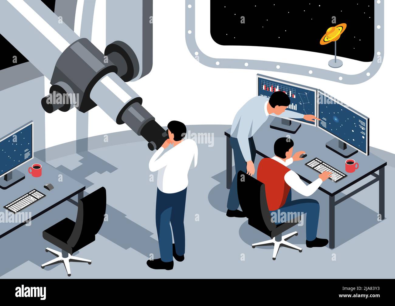 Astrophysics science laboratory isometric background with scientists ...