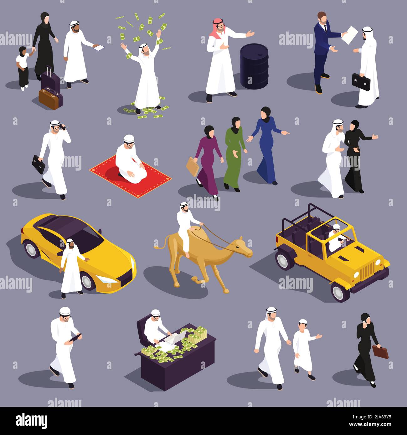 Arab muslims saudi modern isometric people set of isolated wealth icons ...