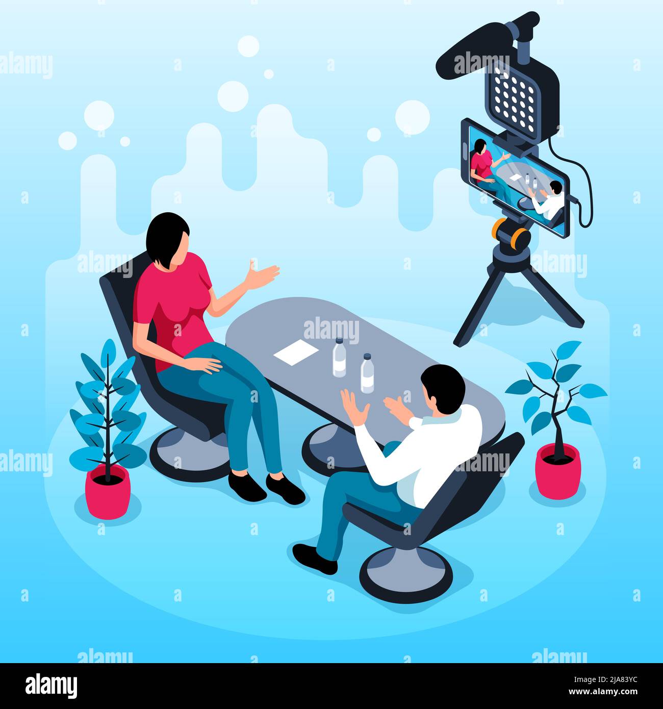 Live streaming isometric background with male and woman characters ...