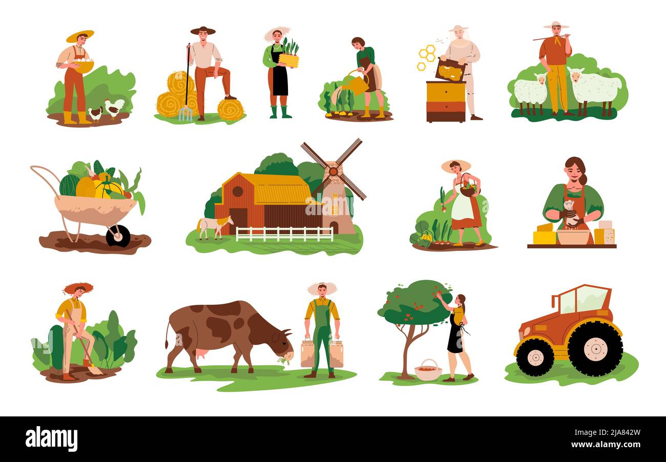 Farm color set with agriculture and dairy symbols isolated vector ...