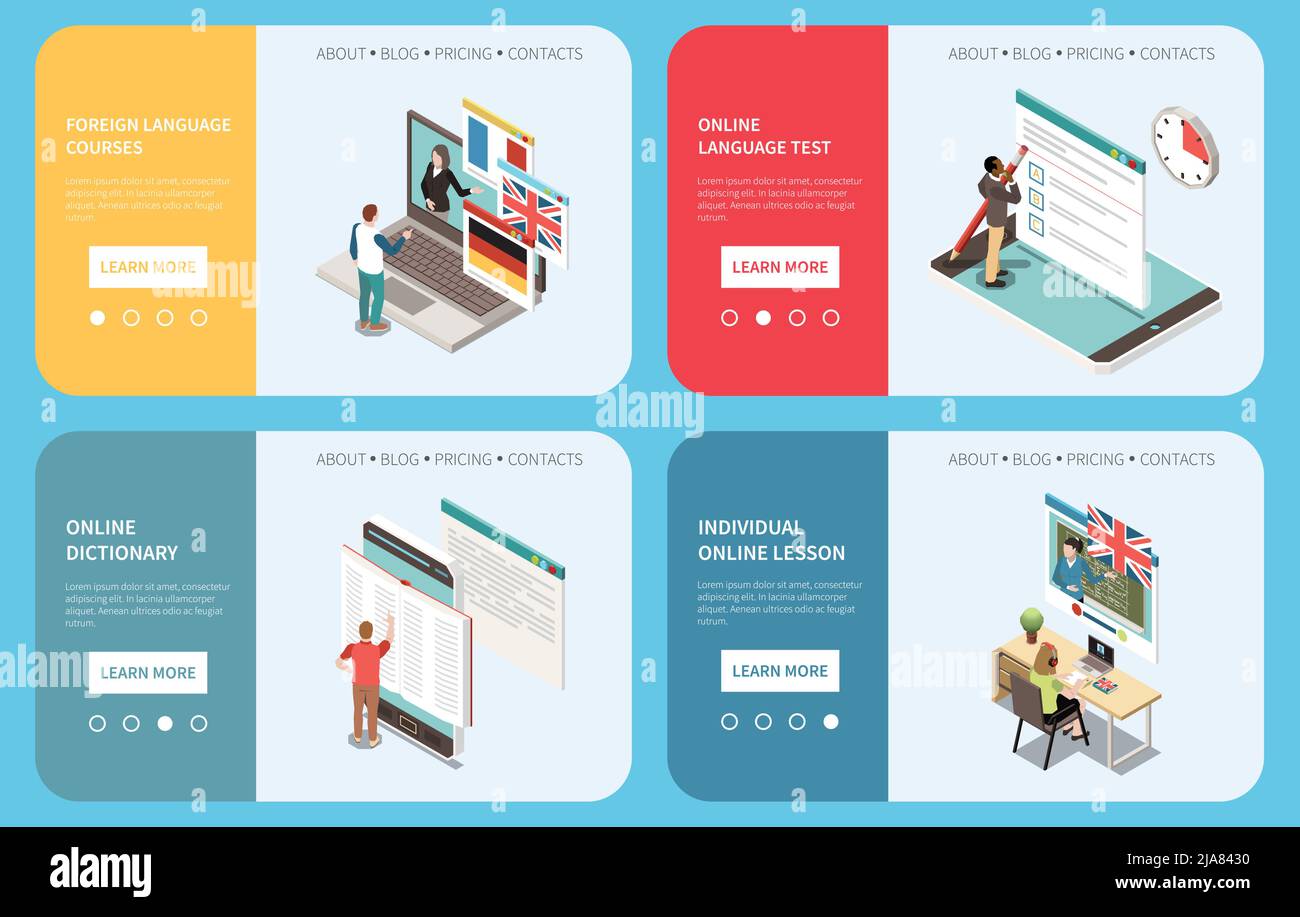 Online foreign language courses test dictionary 3d isometric horizontal ...