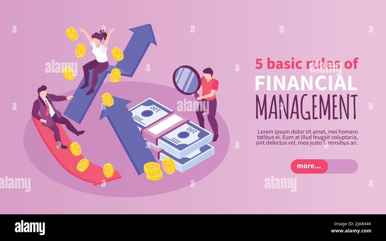 Isometric basic rules of financial management horizontal banner with ...