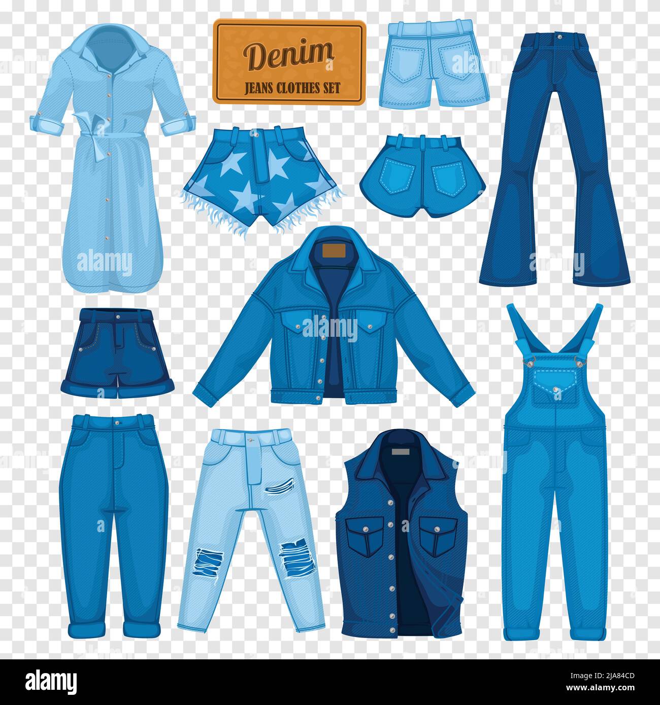 Set of isolated jeans denim with isolated textile products made of ...