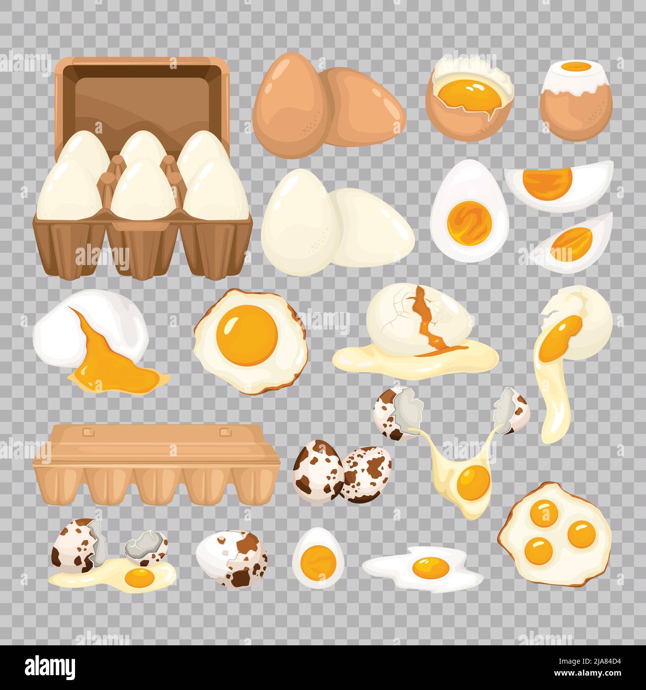 Eggs set with isolated images of broken eggs with cut slices and ...