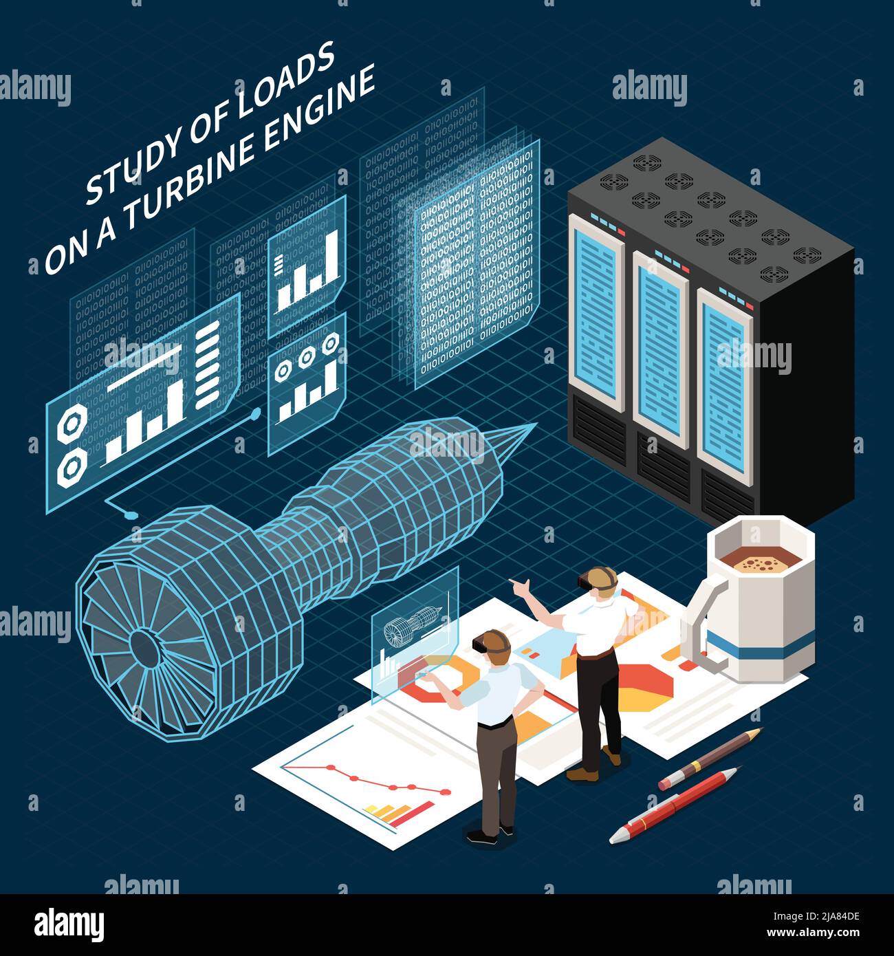 Isometric digital twin technology composition with virtual 3d model of turbine engine and ...