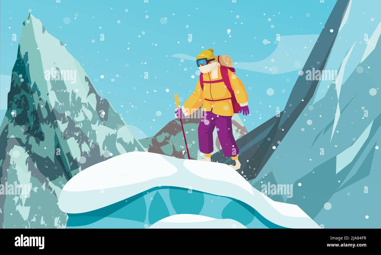 Climber alpinist composition with extreme outdoor landscape with snowy ...