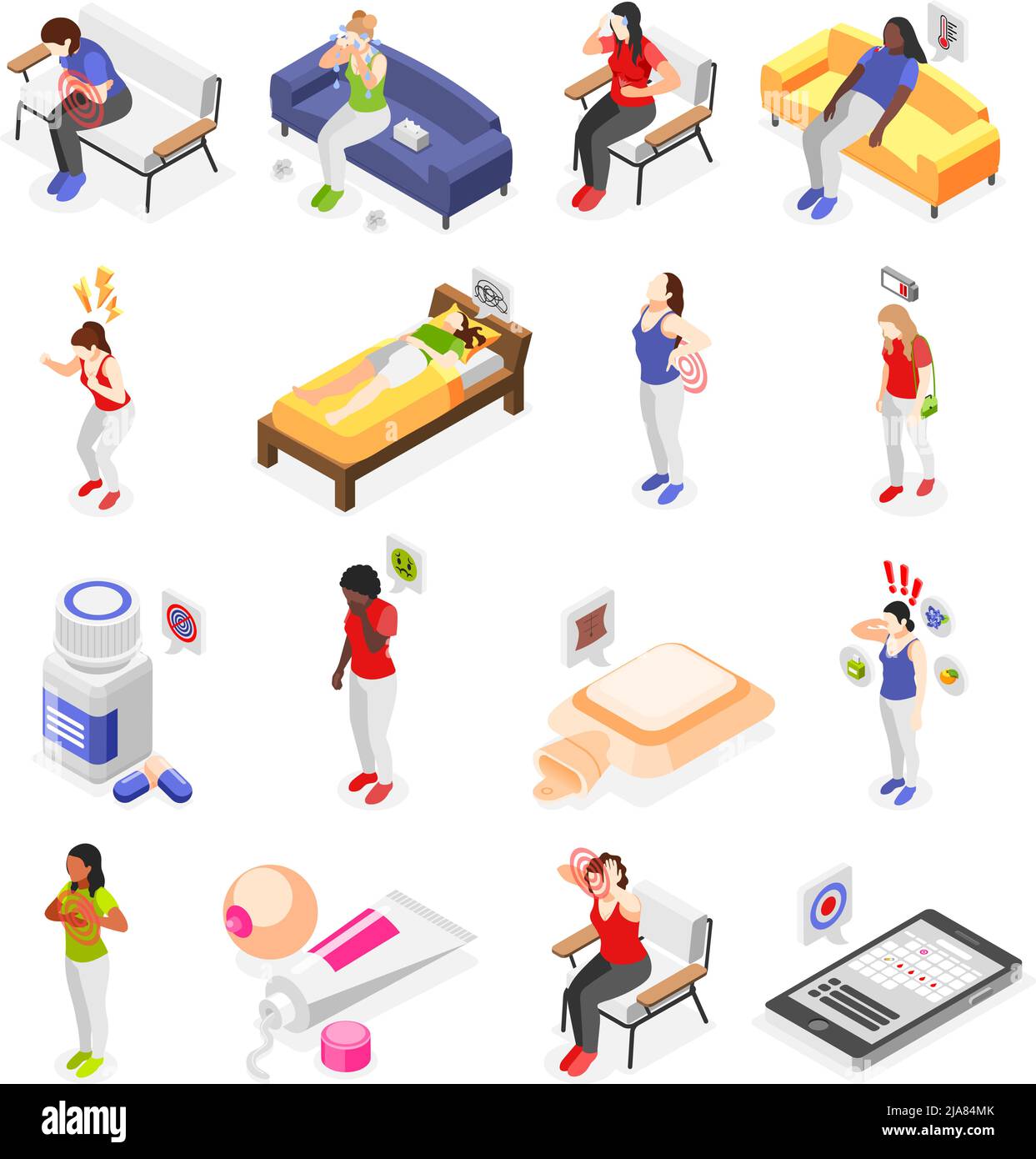 Pms woman isometric icons collection with isolated female characters ...