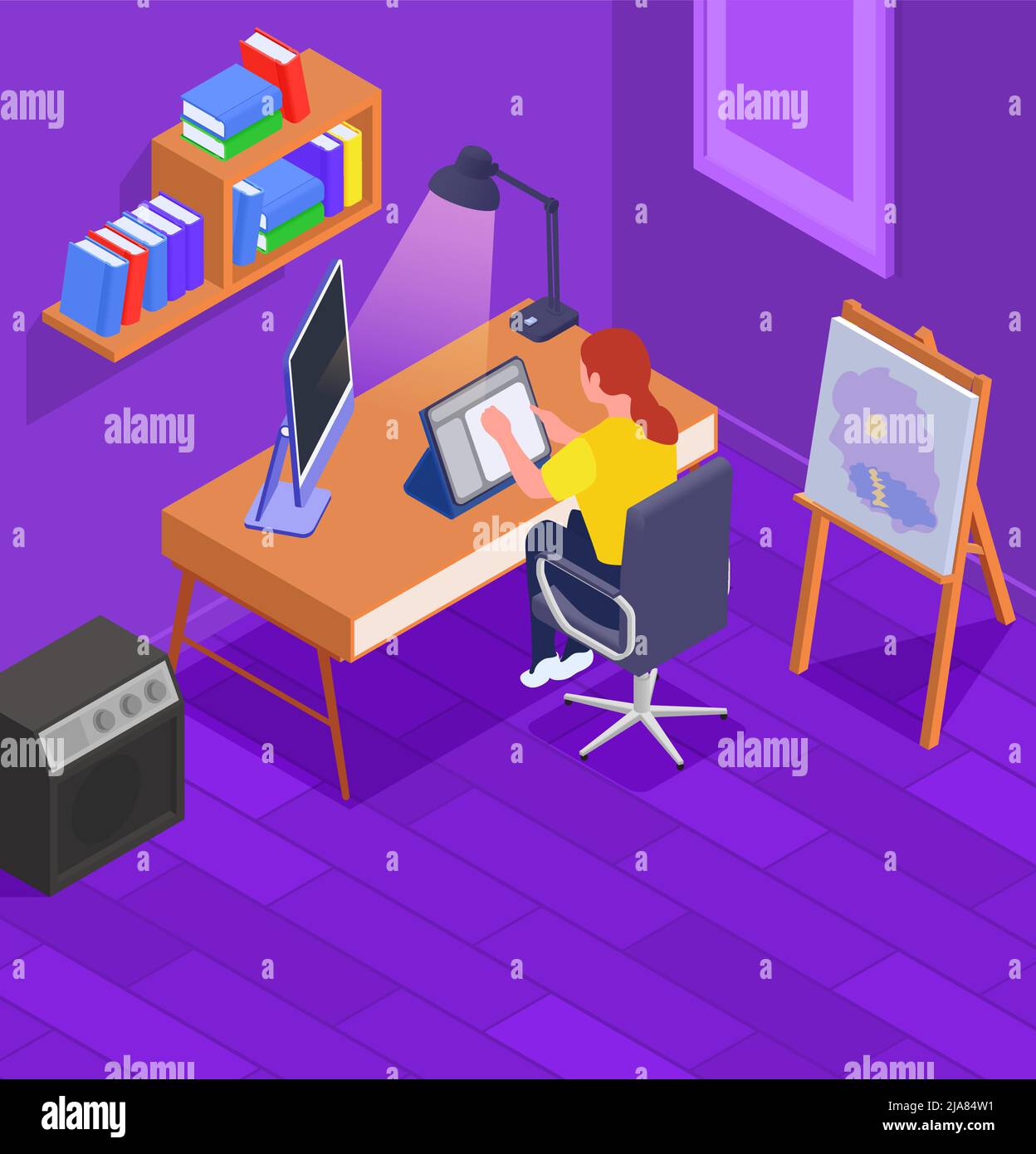 Hobby isometric background with woman web designer or artist working on ...