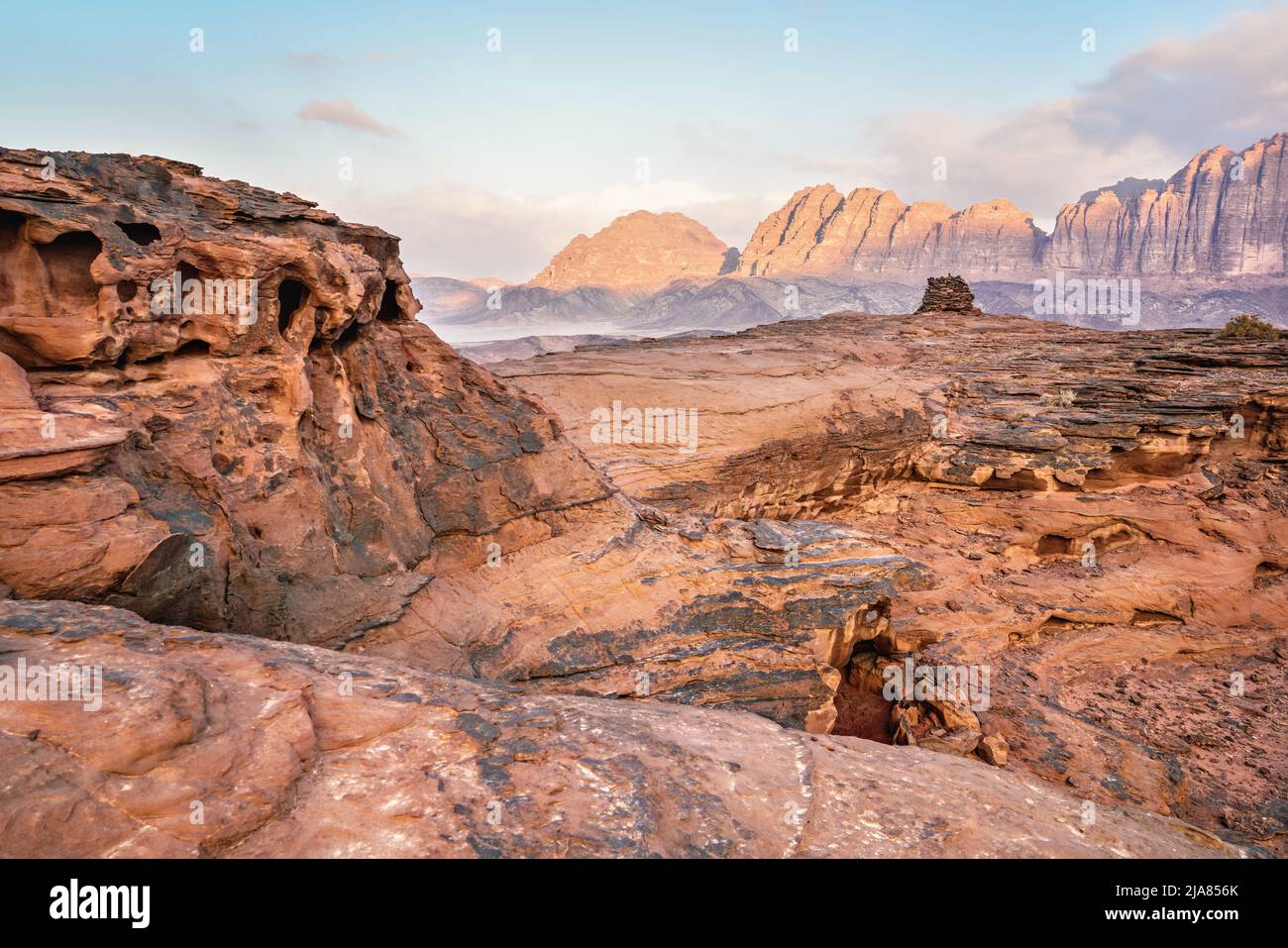 Red sandstone rocks formations in Wadi Rum also known as Valley of the ...