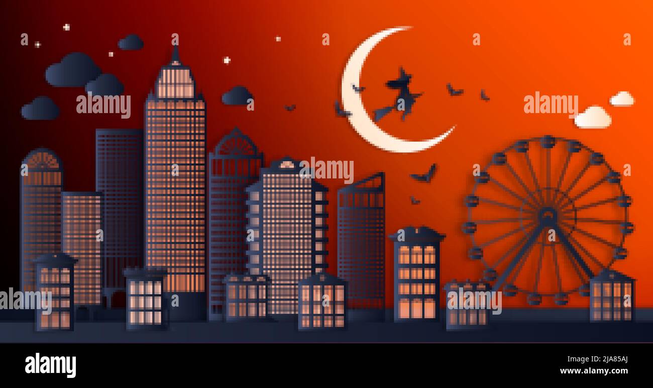 Paper city elements composition with red sky background and cityscape ...